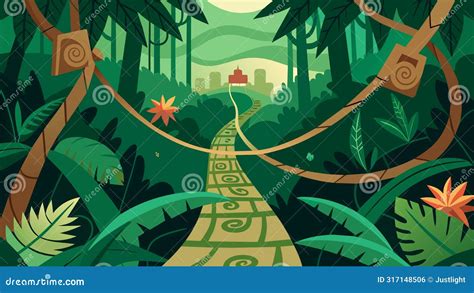 A Trek Through A Tropical Jungle With Vines Tangled Around Stoic