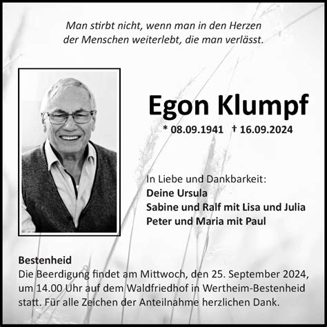 Traueranzeigen Von Egon Klumpf Trauerportal Ihrer Tageszeitung