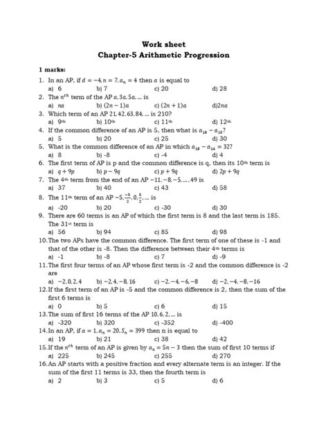 Chapter 5 Arithmetic Progression Worksheet Pdf Discrete Mathematics Elementary Mathematics