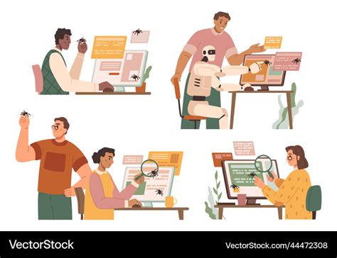 Software Testing And Repair Engineers Cartoon Set Vector Image