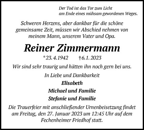 Traueranzeigen Von Reiner Zimmermann Trauerop Onlinede