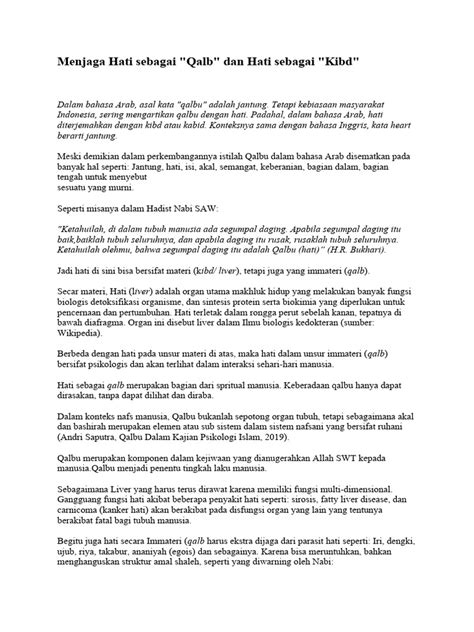 Menjaga Hati Sebagai Qalb Dan Hati Sebagai Kibd Pdf Agama