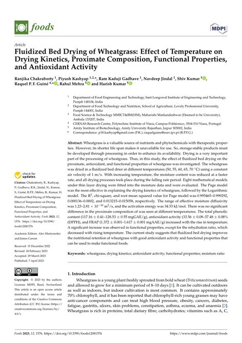 Pdf Fluidized Bed Drying Of Wheatgrass Effect Of Temperature On Drying Kinetics Proximate