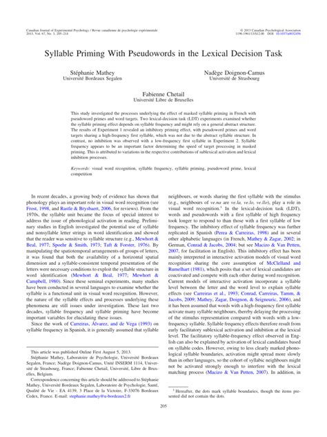 Pdf Syllable Priming With Pseudowords In The Lexical Decision Task