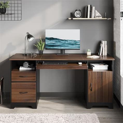 Bestier 59 In Rectangular Cherry 2 Drawers Computer Writing Desk With Storage Cabinet And 2