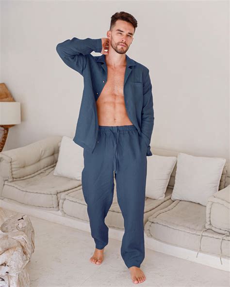 Mens Linen Pajama Set In Deep Navy Blue Lightweight Stonewashed