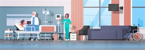 의사와 간호사 방문 환자 남자 누워 침대 드롭퍼 집중 치료와 드 의료 개념 병원 룸 인테리어 현대 의료 클리닉 가로 배너 전체