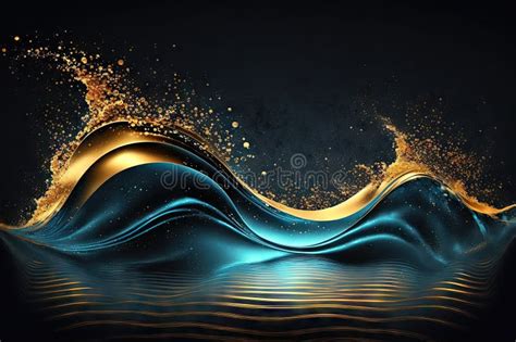 Blue Abstract Wave Background With Golden Particles Floating In The Liquid Stock Image Image