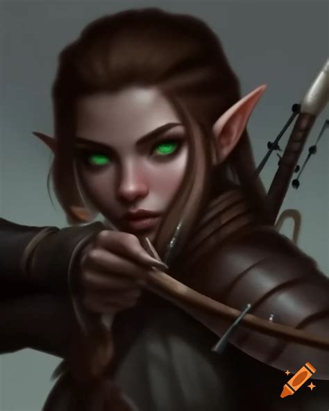Half Elven Female Bowman With Black Hair And Amber Eyes In Leather And Chains Armor On Craiyon