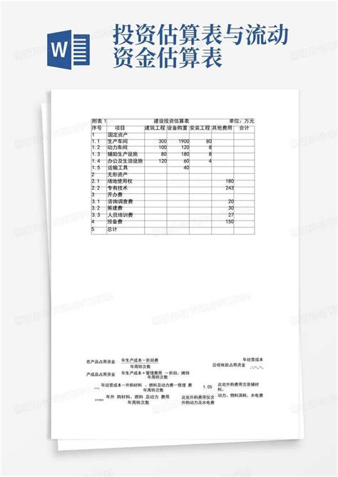 投资估算表与流动资金估算表word模板下载编号qoeeopgx熊猫办公