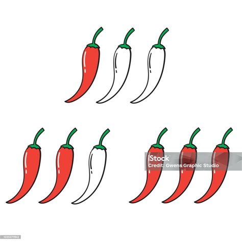 손으로 그린 매운 칠리 고추 수준 라벨 벡터 매운 음식 순한 여분의 핫 소스 칠리 페퍼 레드 윤곽 아이콘 낙서 스타일 벡터 감자 칩에 대한 스톡 벡터 아트 및 기타 이미지