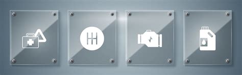 모터 오일 체크 엔진 기어 시프터 및 응급 처치 키트 및 경고 삼각형에 대한 캐니스터를 설정합니다 정사각형 유리 패널 벡터 건강관리와 의술에 대한 스톡 벡터 아트 및 기타