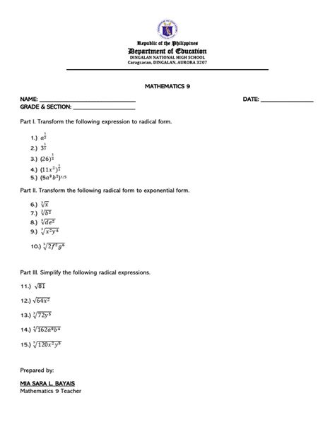 Math 9 Activity Sheet Pdf