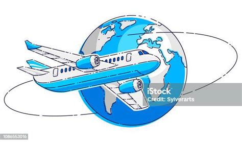 항공사에 어 엠 블 럼 또는 비행기 정기 여객기와 지구 그림 여행 아름 다운 얇은 라인 벡터 흰색 배경에 고립입니다 3차원