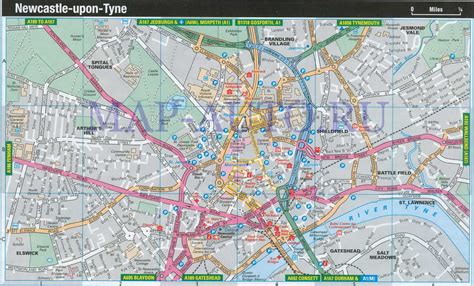 Англия карта Ньюкасла Карта улиц и достопримечательностей центра города Ньюкасл A0