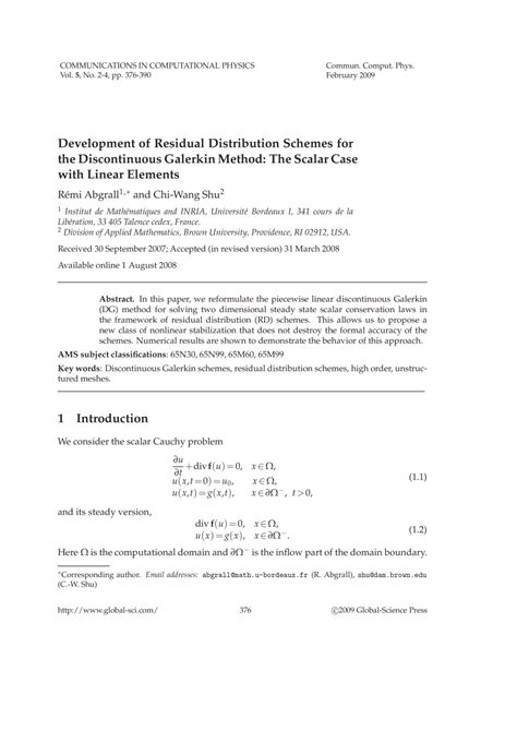 Global Science Press Development Of Residual Distribution Schemes For The Discontinuous