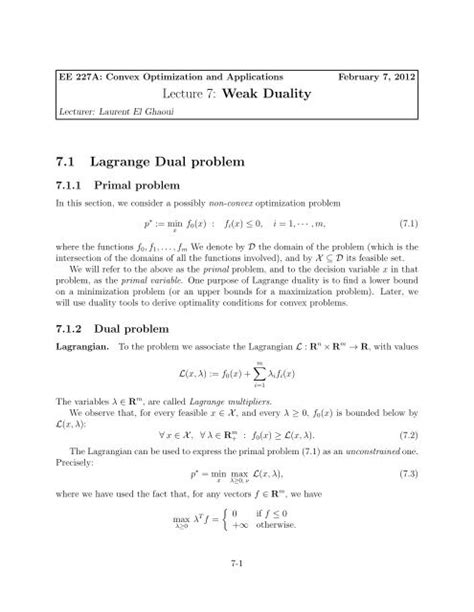 lecture 7 weak duality 7 1 lagrange dual problem