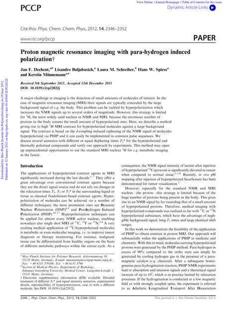 Pdf Proton Magnetic Resonance Imaging With Para Hydrogen Induced