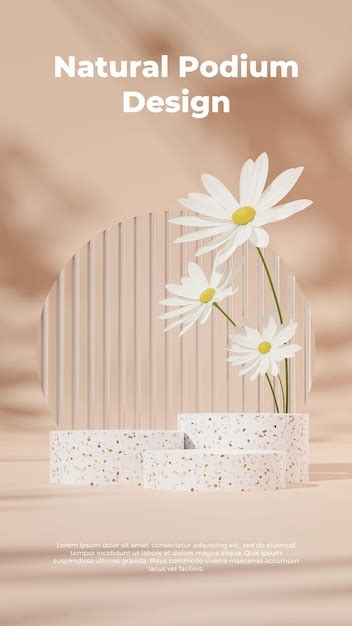 흰색 데이지 질감 유리 갈색 배경이 있는 세로로 3d 렌더링 템플릿 테라조 연단 프리미엄 Psd 파일