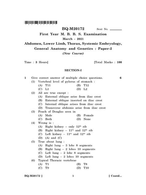 First Year M B B S Exam March 2021 Abdomen Lower Limb Thorax Systemic Embryology