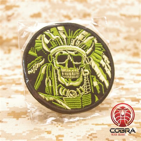 Indian Chief Skull Green Military Embroidered Patch Velcro Military