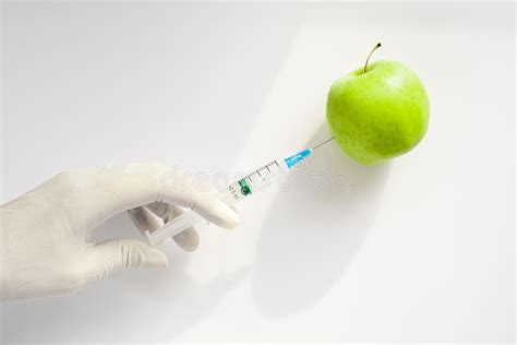 Laboratory Assistant Injects Chemicals With A Syringe Into An Apple Fruits Are Processed For