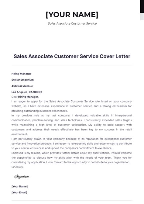 Free Sales Associate Customer Service Cover Letter Template To Edit Online