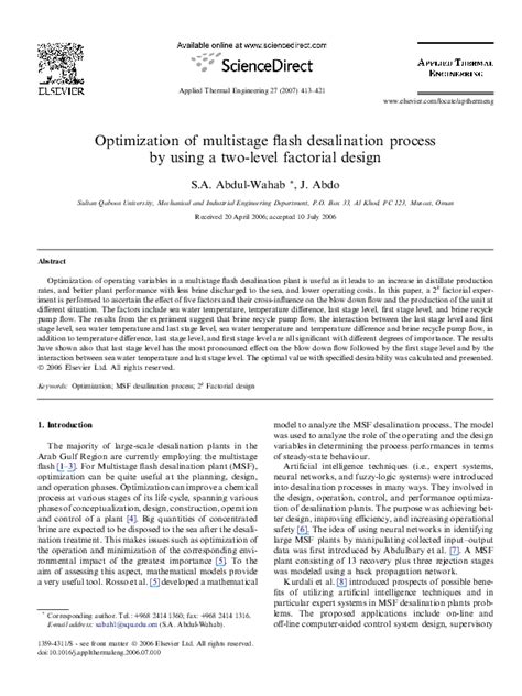 Pdf Optimization Of Multistage Flash Desalination Process By Using A Two Level Factorial Design