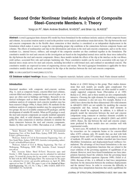 Second Order Nonlinear Inelastic Analysis Of Composite Pdf Stress