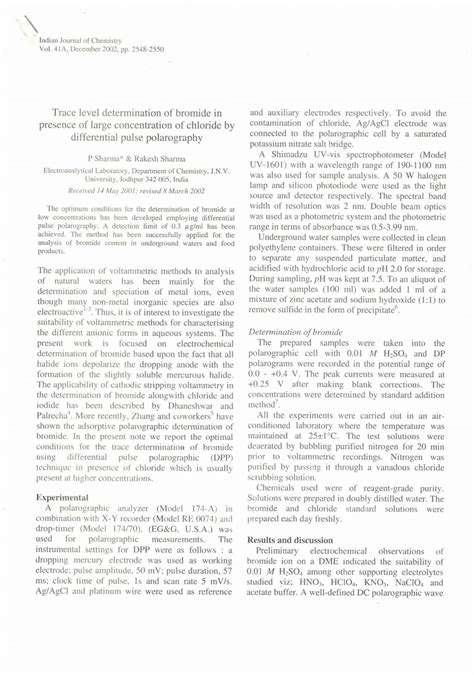 Pdf Trace Level Determination Of Bromide In Presence Of Large Concentration Of Chloride By