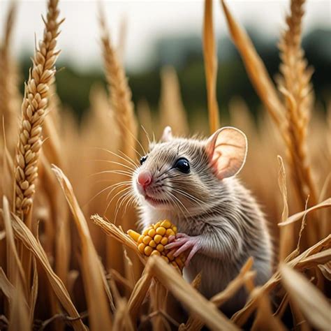 A Mouse In A Wheat Field With Ears Sticking Out Of His Mouth Premium