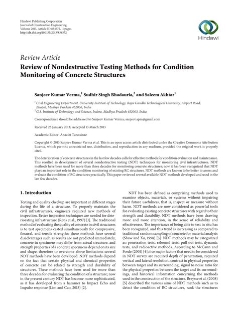 Review Of Nondestructive Testing Methods For Condition Monitoring Of Concrete Structures Docslib