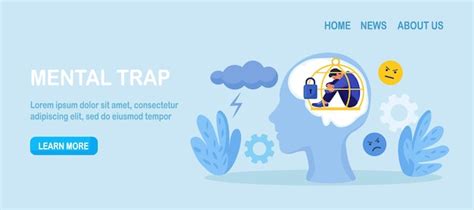 닫힌 우리로 정신적 함정이 있는 머리 실루엣 새장에 갇힌 것 같은 심리적 사고방식의 문제 안락 지대에 갇혀 개인적 성장 문제 왜곡된 세계관을 가진 사람 프리미엄 벡터