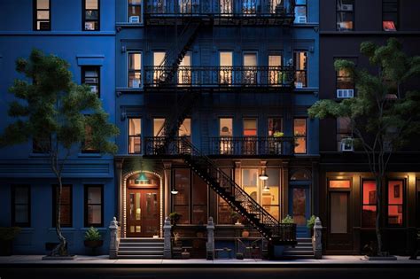 New York Street Tall Townhouse With Balcony At Night Premium Ai