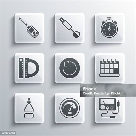 속도계 멀티미터 전압계 달력 반경 나침반 그리기 각도기 및 눈금자 레이저 거리 측정기 및 스톱워치 아이콘을 설정합니다 벡터 각도기에 대한 스톡 벡터 아트 및 기타 이미지