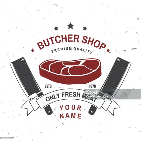 스테이크와 부엌 칼을 가진 정육점 배지 또는 라벨 스테이크 부엌 칼 실루엣 벡터 빈티지 타이포그래피 디자인 육류 가게 시장