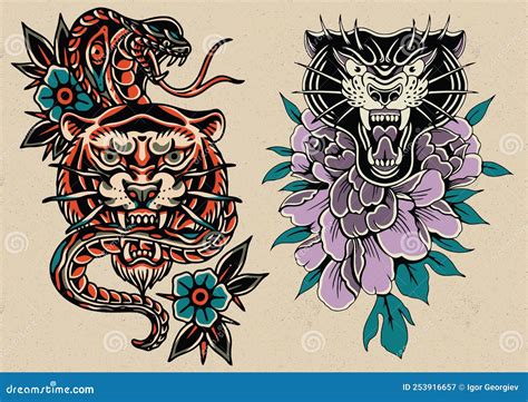 Old Skool Tatoo Flash Set Stock Vector Illustration Of Gorilla 253916657