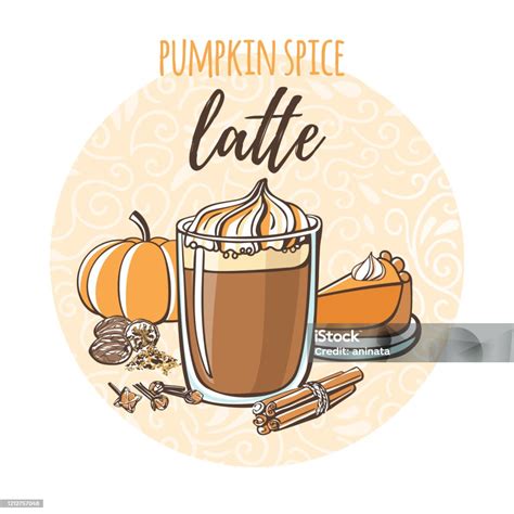 호박 향신료 라떼 원 조성 및 필기에서 뜨거운 음료와 재료의 벡터 그림 펌킨 스파이스 라떼에 대한 스톡 벡터 아트 및 기타 이미지 펌킨 스파이스 라떼 요리법