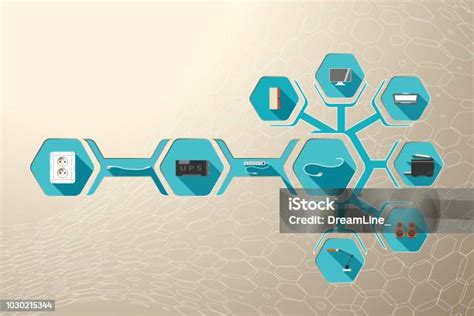 데스크톱 컴퓨터 주변 기기 종이에서 잘라 흰색 패턴 하 고 육각형 아이콘으로 그라데이션 베이지색 배경에 전기 연결의 인포 그래픽 집합의 빈 0명에 대한 스톡 벡터 아트 및