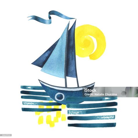 노란 태양과 함께 물 위에 떠 있는 리본이 달린 파란색 보트를 항해합니다 수채화 그림은 단순한 추상적인 유치한 스타일로 그려져 있다 흰색 배경에 격리된 구성입니다 노랑에