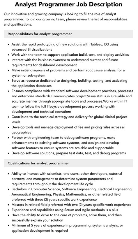 Analyst Programmer Job Description Velvet Jobs