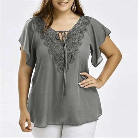 Plus Size 5xl Womens Tops And Blouses Lace Patchwork Short Sleeve Tops