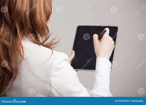 Woman Writes With Stylus On A Tablet Stock Image Image Of Internet Draw 57529165
