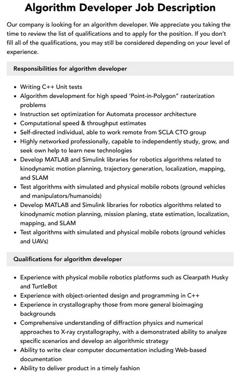 Algorithm Developer Job Description Velvet Jobs
