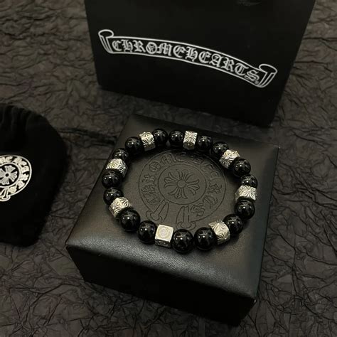 Chrome Hearts Classic Black Onyx Beaded Vintage Multi Element Bracelet Black Color Cross And
