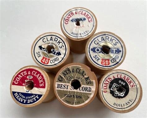 6 Med Vintage Miscellaneous Coats And Clark Paper Label Empty Wooden