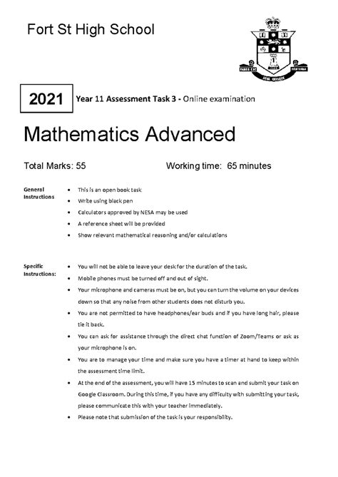 2021 Preliminary Yr 11 Maths Assessment Task 3 Yearly Fort St High