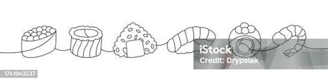 초밥 세트 일본 요리 전통 음식 한 선 그리기 이쿠라 초밥 토비코 마키 필라델피아 롤 오니기리 사케 니기리 후토마키 새우 개체 그룹에 대한 스톡 벡터 아트 및 기타 이미지