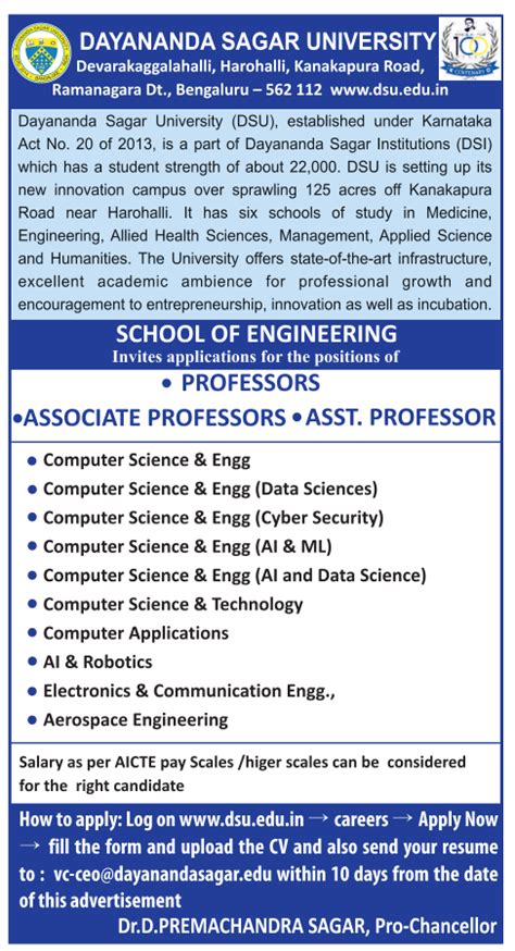 Dayananda Sagar University Bengaluru Wanted Teaching Faculty Facultyplus