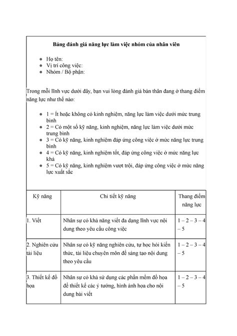 Bảng đánh Giá Năng Lực Làm Việc Nhóm Của Nhân Viên Bảng đánh Giá Năng